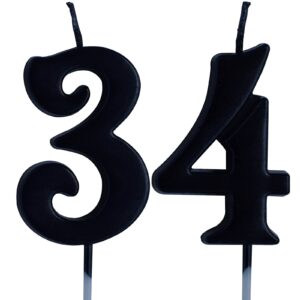 black 34th birthday candle, number 34 years old candles cake topper, woman or man party decorations, supplies