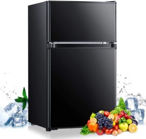 dsf mini fridge with freezer, 3.2 cu.ft mini refrigerator, 2 door, 37db low noise, engery saving with led light, low-frost mini fridge for bedroom, office, dorm, rv, apartment, black- mpbfd321