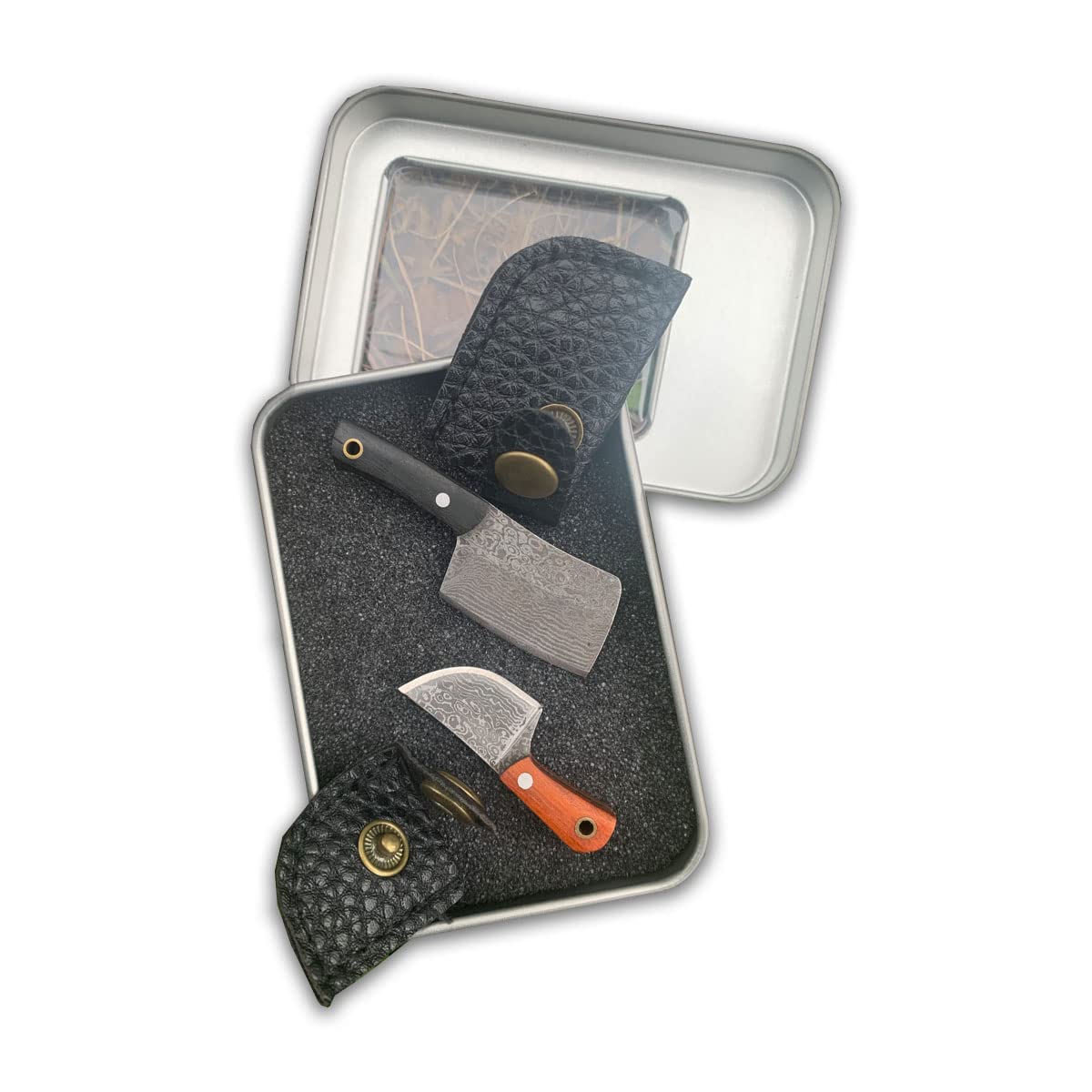 KOWAKA Mini Pocket Knives Set of 2, Damascus pattern Tiny Knife with Sheath, Miniature Chef Knife Keychain Box 2pcs Cutter Package Opener Pendant Decoration (Damascus pattern)