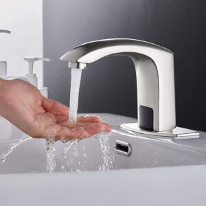 Automatic Sensor Touchless Bathroom Sink Faucet Hands-Free Bathroom Sink Faucet with Overflow Drain Aerator Bath Tub Lavatory Vanity Brushed Nickel Commercial One Hole Brass Basin Mixer Tap