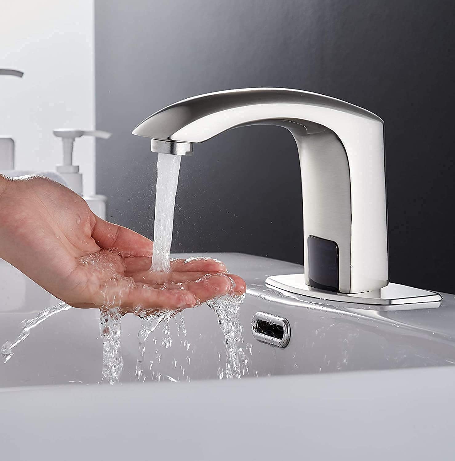 Automatic Sensor Touchless Bathroom Sink Faucet Hands-Free Bathroom Sink Faucet with Overflow Drain Aerator Bath Tub Lavatory Vanity Brushed Nickel Commercial One Hole Brass Basin Mixer Tap