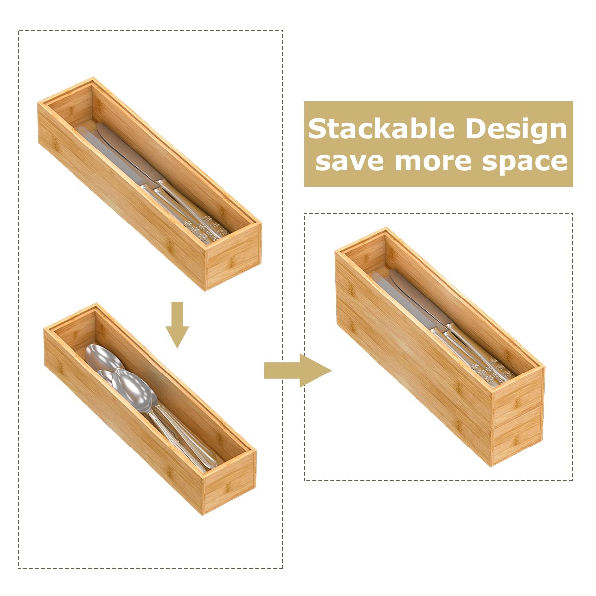 Bamboo Drawer Organizer Storage Box Kitchen - Wood Stackable Tray Set of 2 (12x3x2 inch）