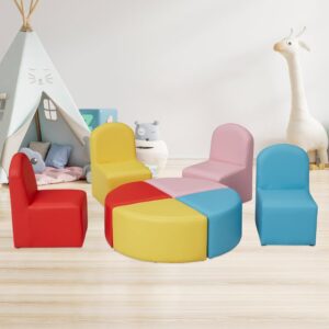 Kinsuite Kids Sofa Seating Set Convert to Table and 4 Chairs Colorful Stools for Toddlers Soft Foam Play 8 PCs Set for Classroom