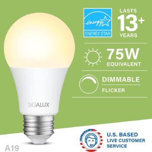 Sigalux A19 LED Light Bulb Energy Star Certified, 75 Watt Equivalent, Dimmable LED Bulb Soft White 2700K 1100LM 11.5W, E26 Standard Led Bulbs, UL Listed, 6 Pack,0075682701