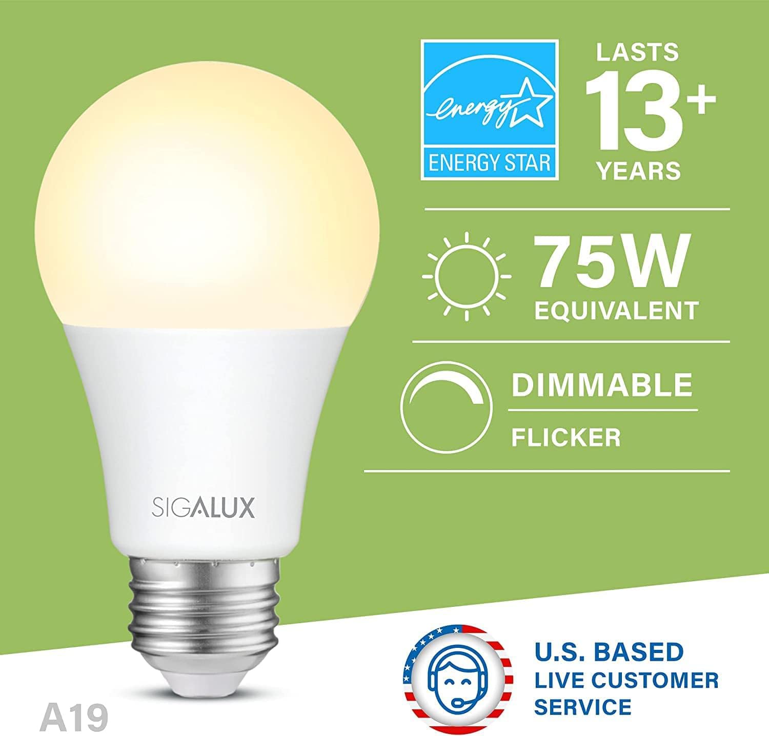 Sigalux A19 LED Light Bulb Energy Star Certified, 75 Watt Equivalent, Dimmable LED Bulb Soft White 2700K 1100LM 11.5W, E26 Standard Led Bulbs, UL Listed, 6 Pack,0075682701