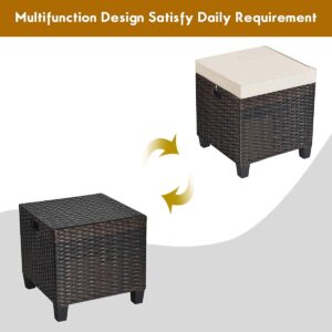 Giantex 2-Piece Rattan Patio Ottoman, All Weather Wicker Ottoman w/Removable Cushion & Steel Frame, Outdoor Footstool Footrest Furniture (Cream)