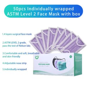 Disposable Face Masks for Adults,Premium 4ply Level2 Masks,MasksDisposable,Individually Wrapped Pack 50(Purple)