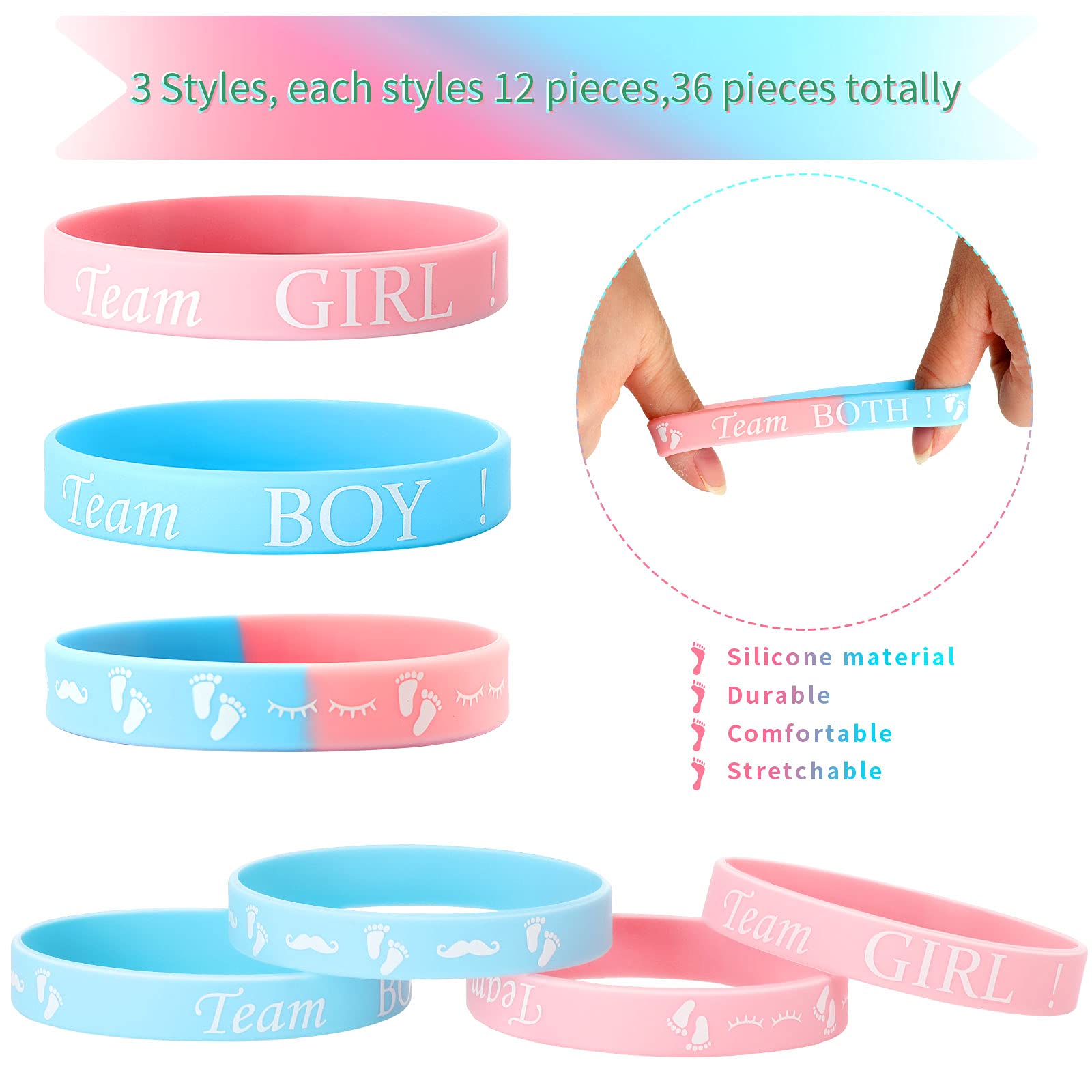 30 Pieces Gender Reveal Bracelets, Team Boy Silicone Wristbands Team Girl Gender Reveal Party Bracelets Team Both Rubber Wristband for Baby Shower Gender Reveal Party Favor Supplies (Delicate Color)