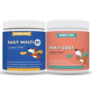 wonder paws daily multivitamin chews plus skin + coat chews - for dogs immune support, digestive health, joint support, skin & coat - daily multi 60 chews - skin + coat 70 chews