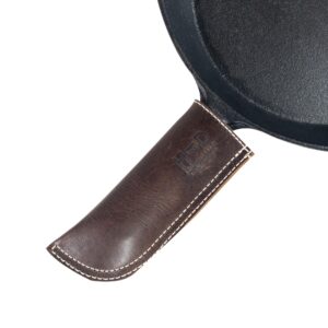 hide & drink, pan handle cover handmade from full grain leather and sheepskin - bourbon brown