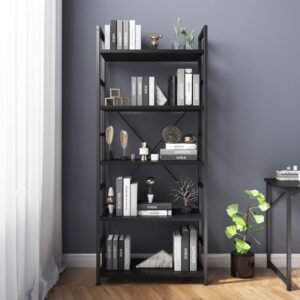 VERMESS Bookshelf Black, 5 Tier Shelving Unit Tall Book Shelf, Wood Bookcase with Open Shelves, Industrial Standing Storage Bookshelves Metal Display Rack for Living Room, Bedroom, Home, Office