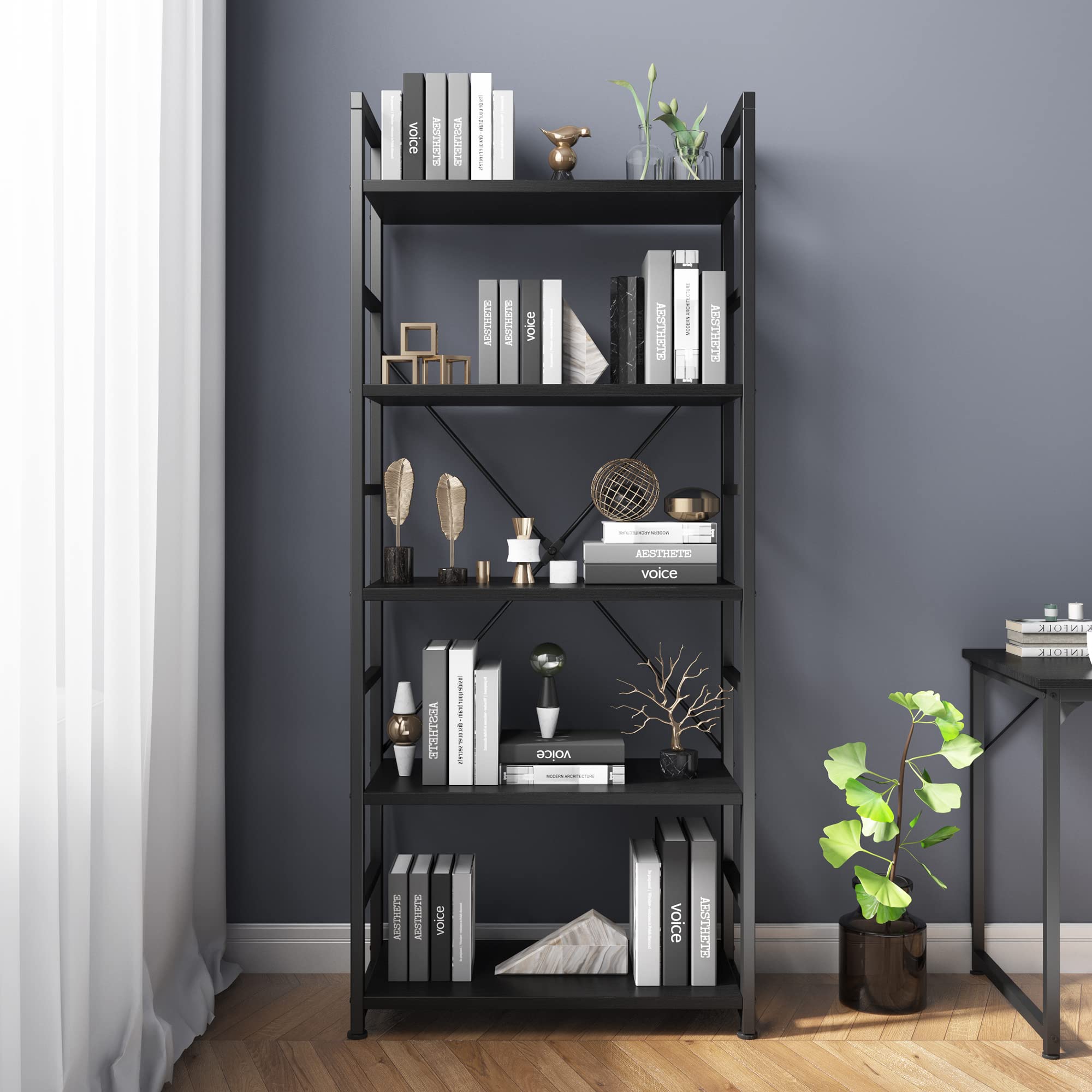 VERMESS Bookshelf Black, 5 Tier Shelving Unit Tall Book Shelf, Wood Bookcase with Open Shelves, Industrial Standing Storage Bookshelves Metal Display Rack for Living Room, Bedroom, Home, Office