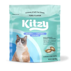 amazon brand - kitzy hairball control crunchy and soft natural cat chews, tuna, 16 oz