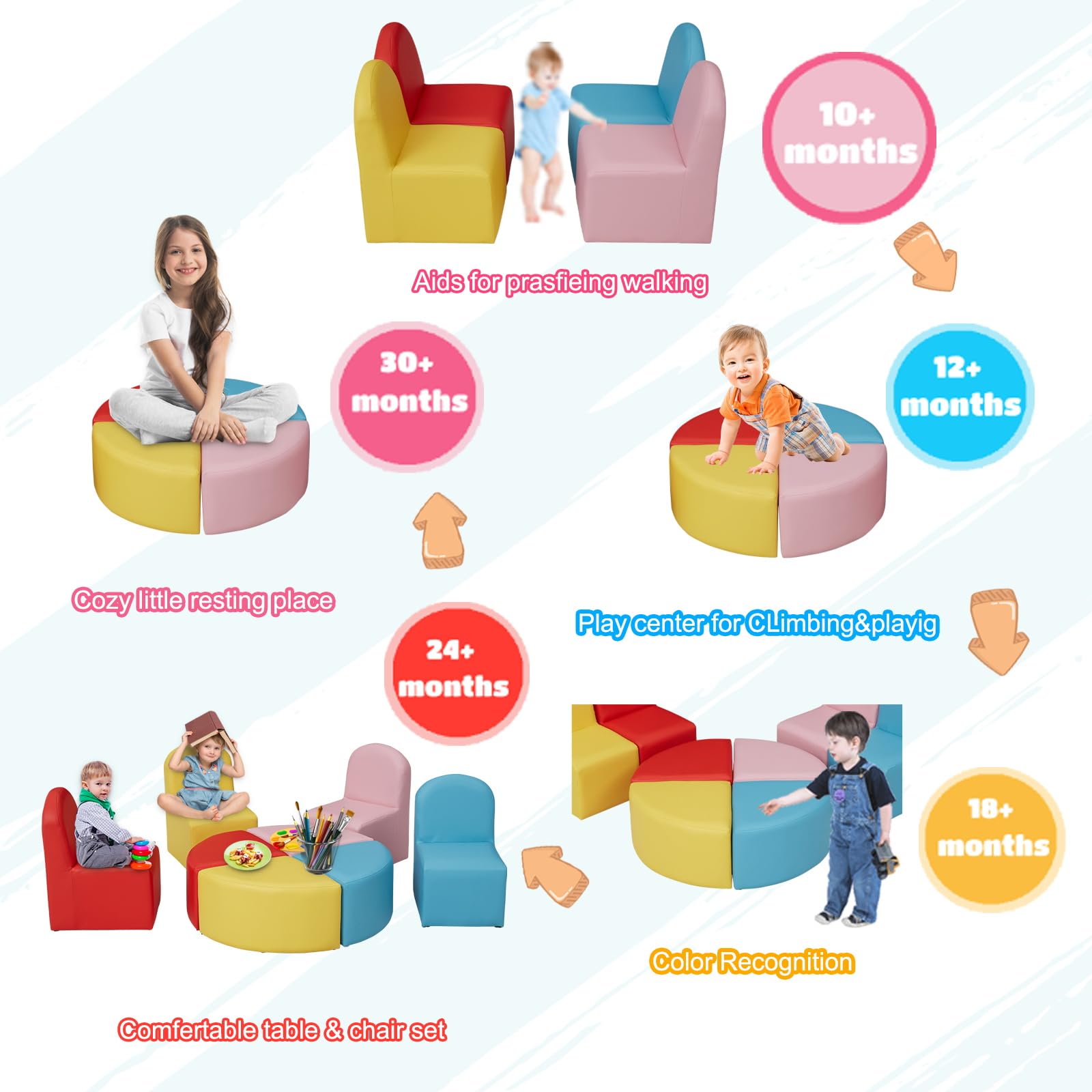 Kinsuite Kids Sofa Seating Set Convert to Table and 4 Chairs Colorful Stools for Toddlers Soft Foam Play 8 PCs Set for Classroom