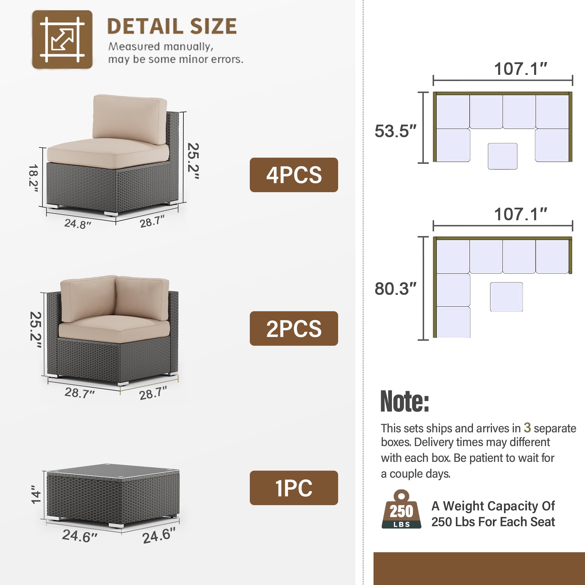 Patiomore 7 Pieces Outdoor Patio Furniture Set, Black Brown Wicker Patio Sectional Sofa Set, Outdoor Couch with Grey Cushion and Tempered Glass Table