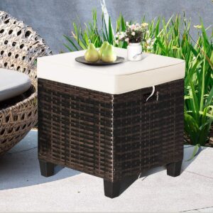 Giantex 2-Piece Rattan Patio Ottoman, All Weather Wicker Ottoman w/Removable Cushion & Steel Frame, Outdoor Footstool Footrest Furniture (Cream)