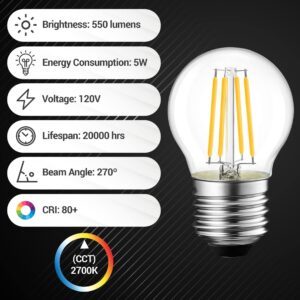 BlueStars G45 E26 Edison LED Filament Globe Bulb 120V 5W (60 Watt Equivalent), 2700K Warm White 550lm Non-Dimmable for Home Decoration, Pendant, Antique Light Fixtures, 6 Packs