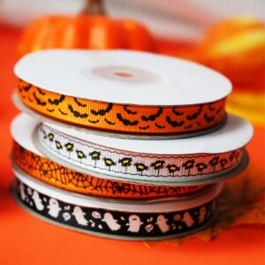 PiPaFox 100 Yards Halloween Grosgrain Ribbons, Ghost Spider Bat Pumpkin Gift Wrapping Printing Ribbon, Halloween Party Supplies(38in inch Wide, 4 Styles x 25Yard)