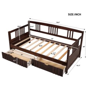 P PURLOVE Wood Daybed with Rails Twin Bed Wooden Slats Support Modern Living Daybed (Twin with Drawers, Espresso)