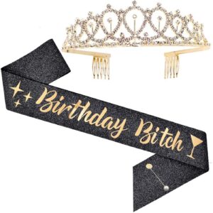 latfz 'birthday bitch' sash, crown tiara & party supplies kit - black glitter sash, women's birthday gifts