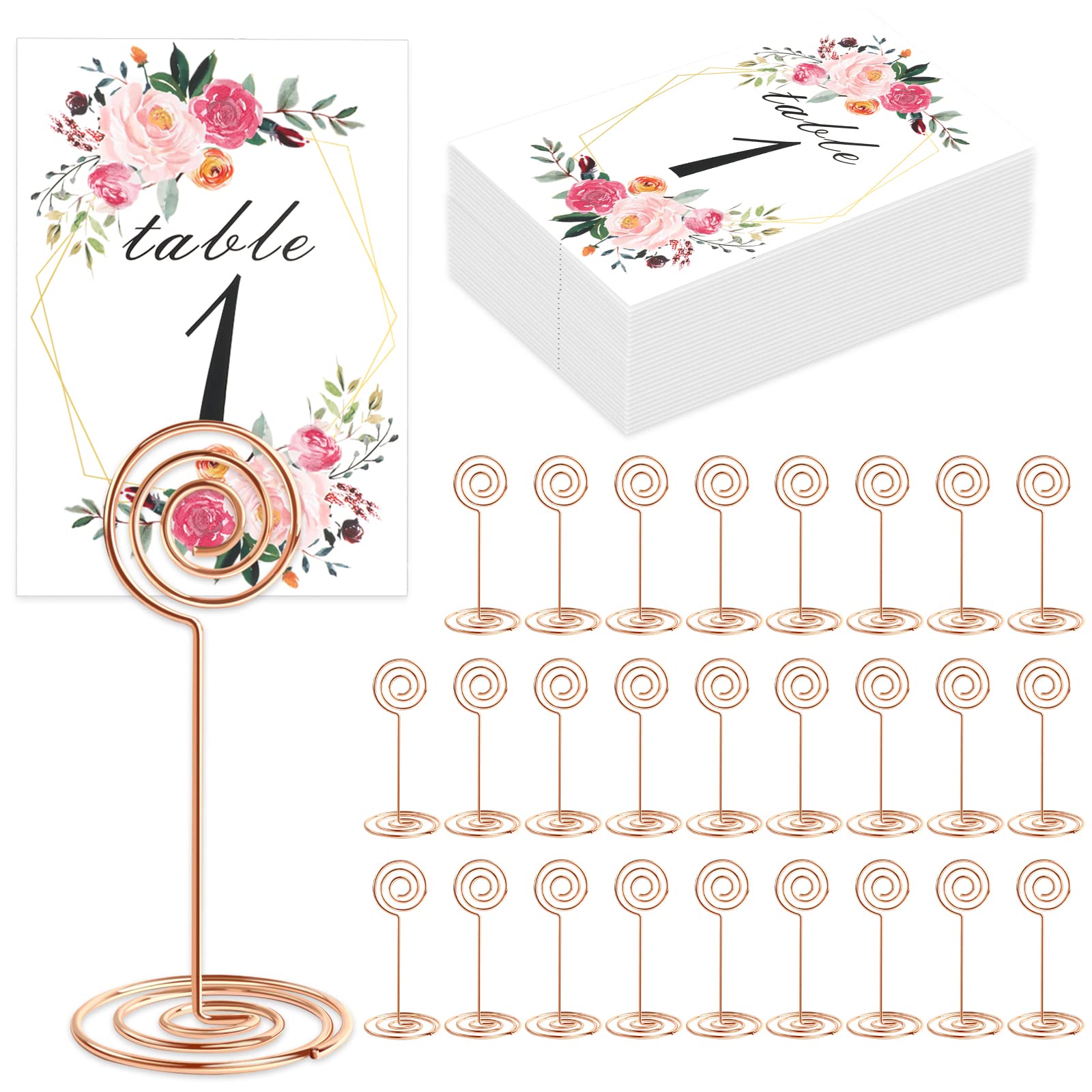 26 PCS Table Number Holder - Table Card Holder Stand Wire Photo Holder with 26 Pcs Floral Table Number Cards, Place Card Holder Stand for Weddings Party Office Paper Memo Menu Note Clips