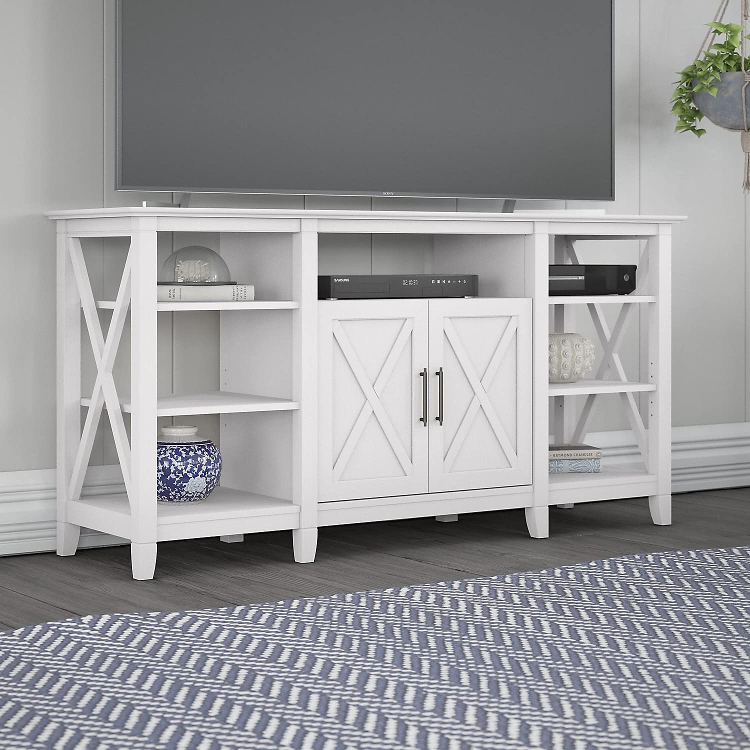 Bush Furniture Key West Tall TV Stand for 65 Inch TV in Pure White Oak, Farmhouse Entertainment Center with Storage