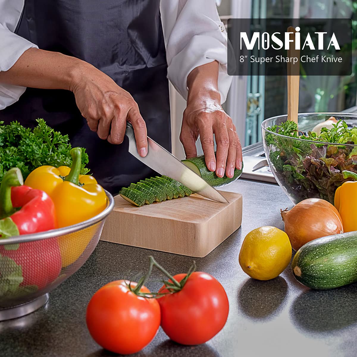 MOSFiATA Chef Knife 8 Inch Kitchen Cooking Knife, 5Cr15Mov High Carbon Stainless Steel Sharp Knife with Ergonomic Pakkawood Handle, Full Tang Vegetable Meat Cutting Knife with Sheath for Home Kitchen