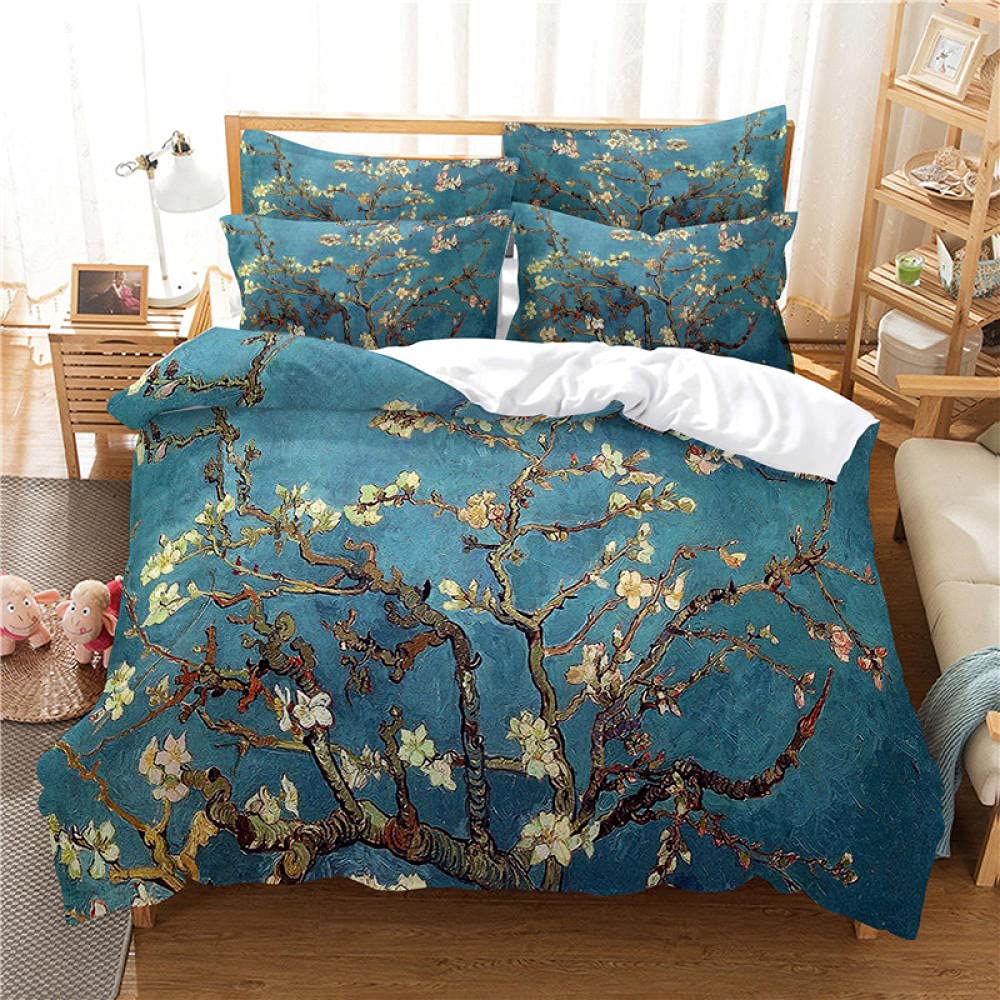 ZZBDSB Van Gogh Style Flower Print Floral Duvet Covers Luxury Nordic Home Bedding Set for Women Kid Girl Blue- Comforter QueenKingTwinFull Size 3 Pcs Bed in A Bag (1 Quilt Cover,2 Pillowcases )