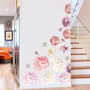 large floral wall sticker, 15 peonies set wall decals large pink white purple flowers for living room nursery removable wall decorations abstract modern wall art