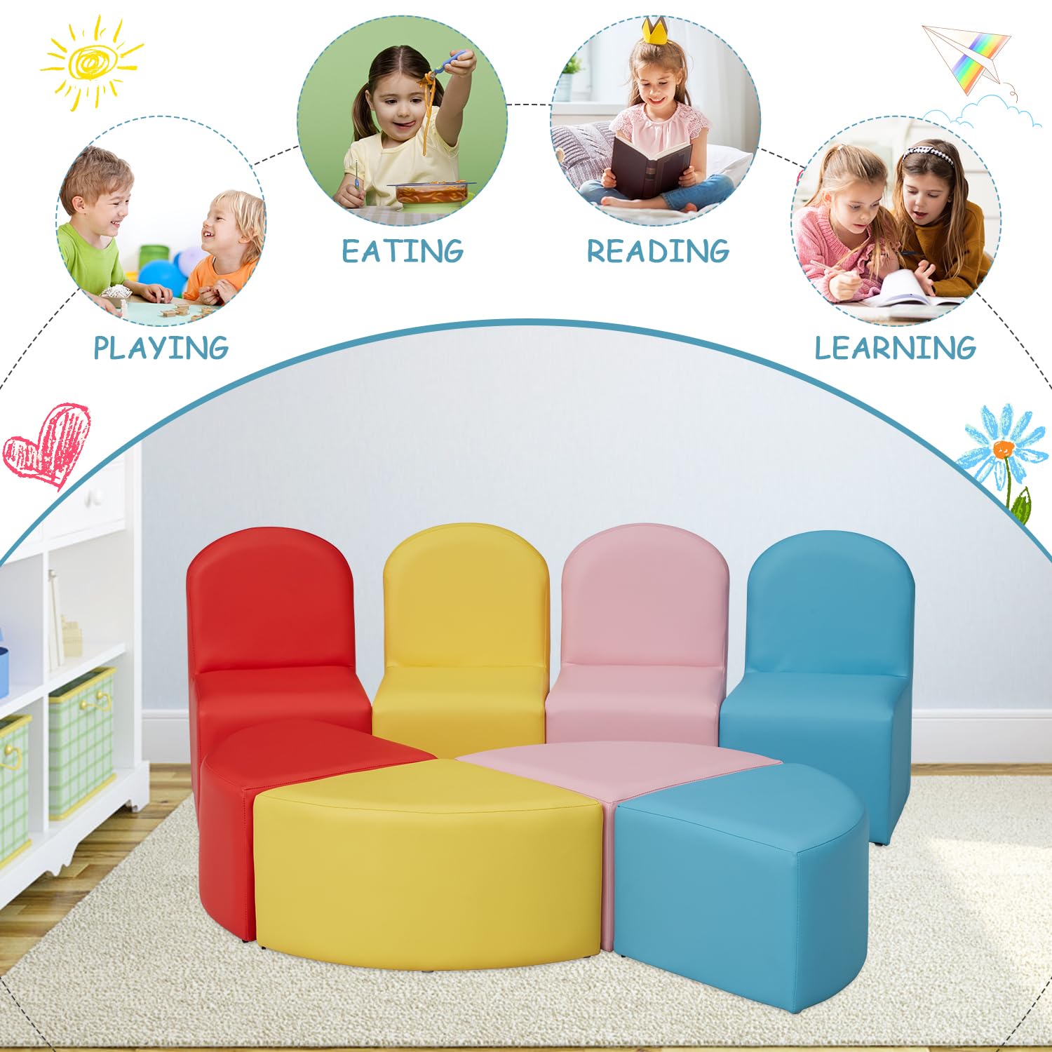 Kinsuite Kids Sofa Seating Set Convert to Table and 4 Chairs Colorful Stools for Toddlers Soft Foam Play 8 PCs Set for Classroom