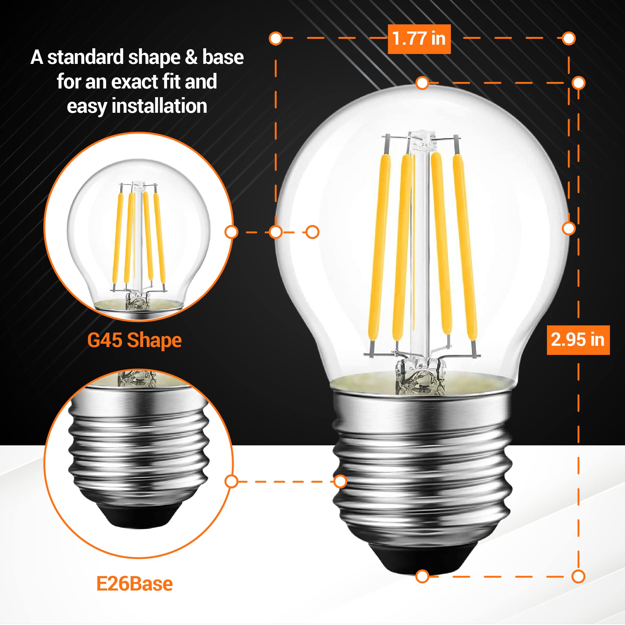 BlueStars G45 E26 Edison LED Filament Globe Bulb 120V 5W (60 Watt Equivalent), 2700K Warm White 550lm Non-Dimmable for Home Decoration, Pendant, Antique Light Fixtures, 6 Packs