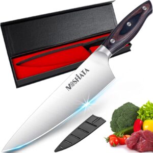 mosfiata chef knife 8 inch kitchen cooking knife, 5cr15mov high carbon stainless steel sharp knife with ergonomic pakkawood handle, full tang vegetable meat cutting knife with sheath for home kitchen