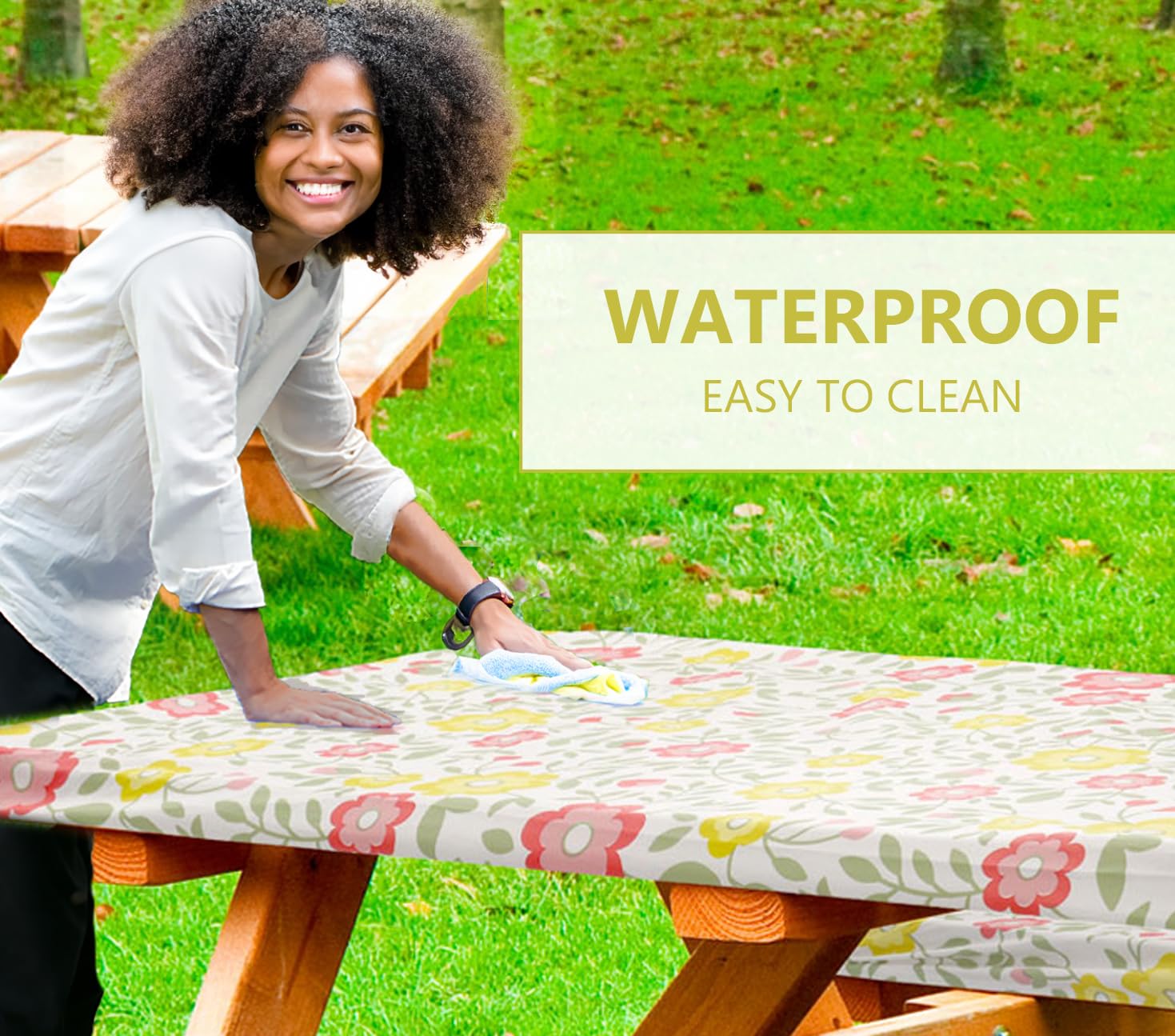 LINPRO 6ft Fitted Picnic Table Cover with Bench Covers. Vinyl Outdoor Camping Picnic Tablecloth, 3 Piece Set Camping Gear. Waterproof, Stain Resistant, Reusable. Flannel Backing with Elastic Edges.72