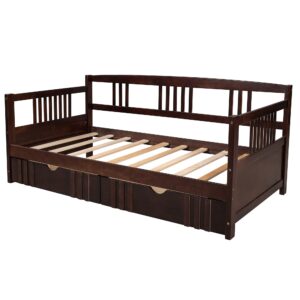 P PURLOVE Wood Daybed with Rails Twin Bed Wooden Slats Support Modern Living Daybed (Twin with Drawers, Espresso)