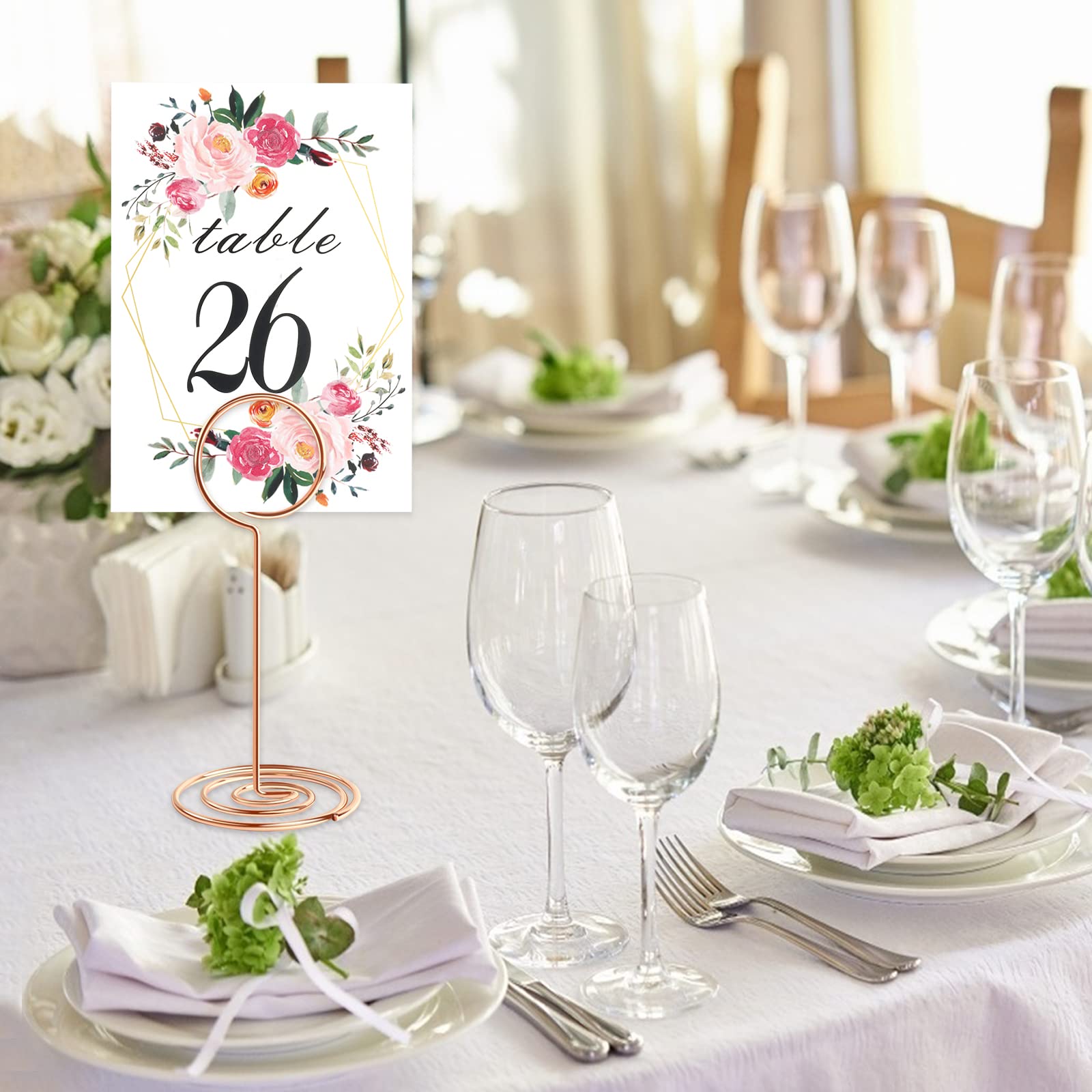 26 PCS Table Number Holder - Table Card Holder Stand Wire Photo Holder with 26 Pcs Floral Table Number Cards, Place Card Holder Stand for Weddings Party Office Paper Memo Menu Note Clips