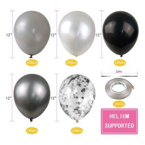 100pcs Chrome Metallic Balloons and Confetti Balloons 12 Inch Latex Party Balloons Silver Black White Balloon for Wedding Engagement Birthday Decorations