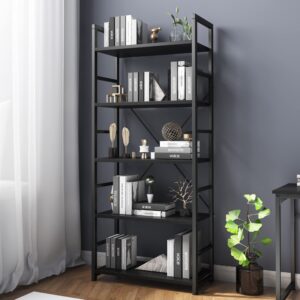 vermess bookshelf black, 5 tier shelving unit tall book shelf, wood bookcase with open shelves, industrial standing storage bookshelves metal display rack for living room, bedroom, home, office