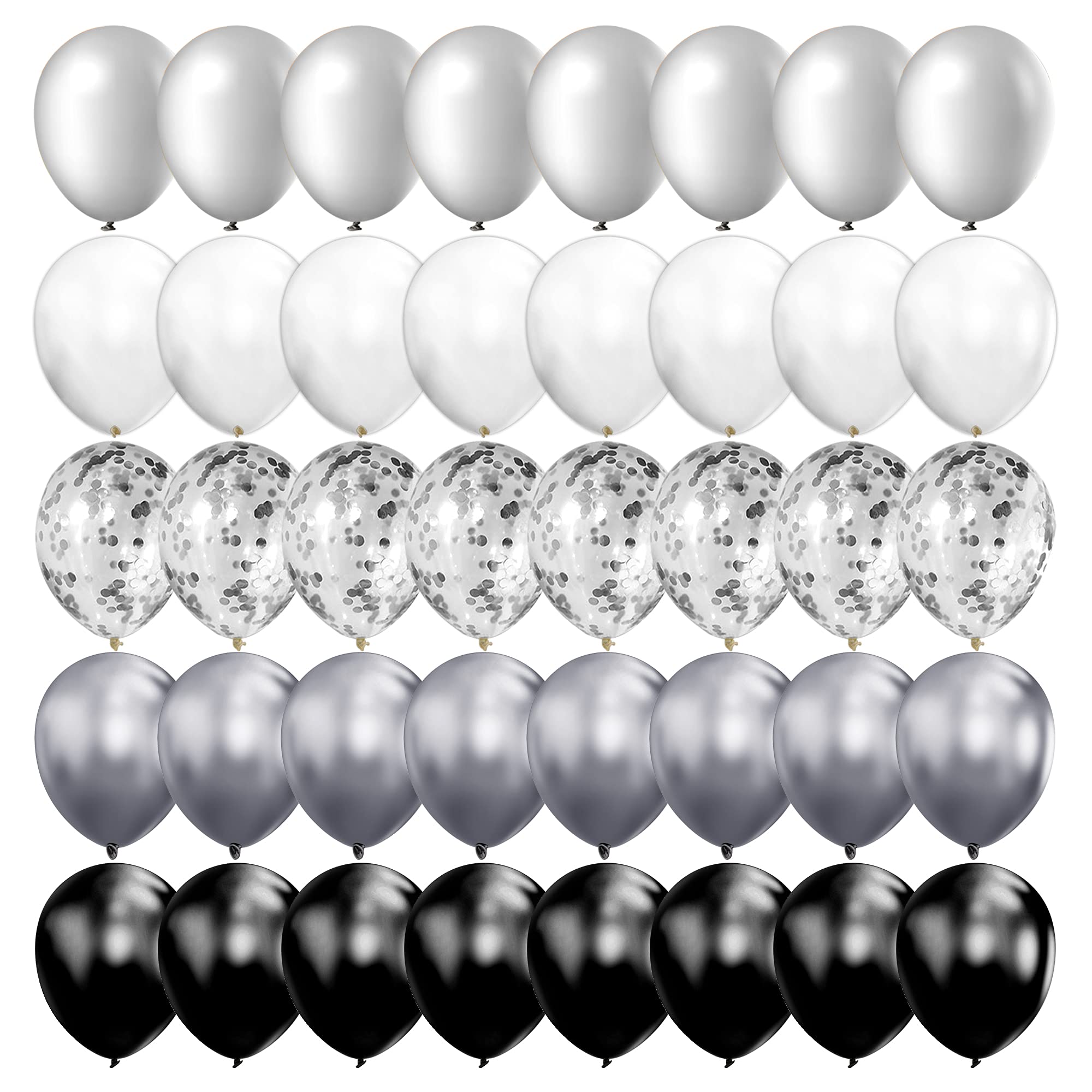 100pcs Chrome Metallic Balloons and Confetti Balloons 12 Inch Latex Party Balloons Silver Black White Balloon for Wedding Engagement Birthday Decorations