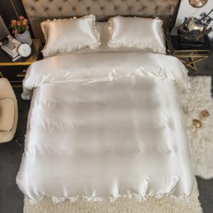 White Bedding White Silky Satin Duvet Cover Sets Silver White Silk Like Satin Design Shabby Chic Boho Bedding Sets King 1 Duvet Cover 2 Pillow Shams (King, White)