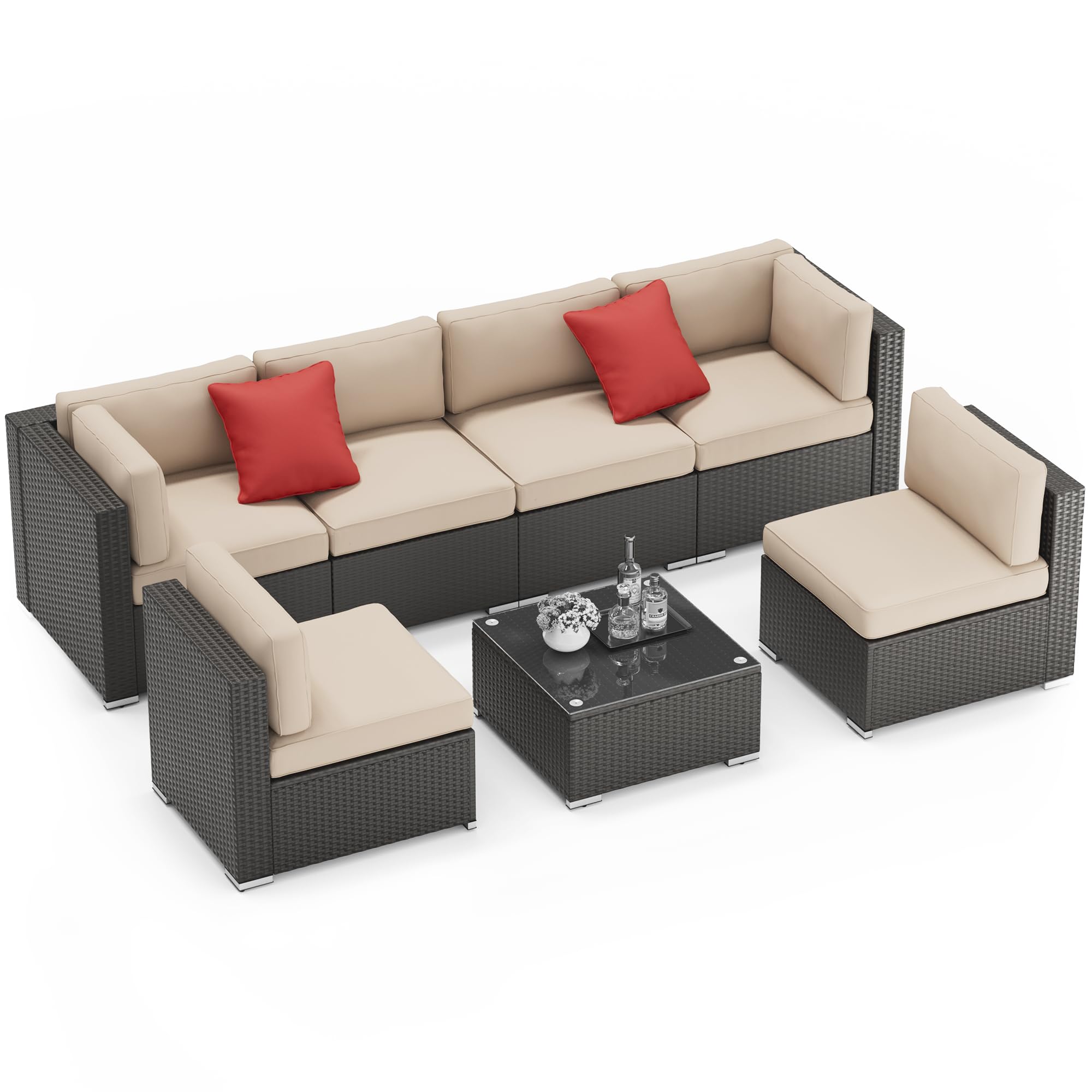 Patiomore 7 Pieces Outdoor Patio Furniture Set, Black Brown Wicker Patio Sectional Sofa Set, Outdoor Couch with Grey Cushion and Tempered Glass Table