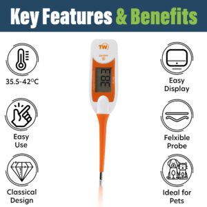 Premium Pet Thermometer for Dogs and Cats Animal Owners of Dog Puppy Cat Horse Equine Flexible Digital Rectal Temperature Dog Thermometer Probe with Vets Veterinary Hobdays Chart