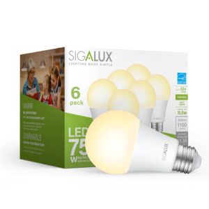 sigalux a19 led light bulb energy star certified, 75 watt equivalent, dimmable led bulb soft white 2700k 1100lm 11.5w, e26 standard led bulbs, ul listed, 6 pack,0075682701