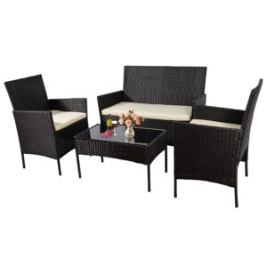 4 pieces outdoor patio furniture sets, wicker chair conversation with cushion, outdoor indoor use with coffee table for backyard porch garden poolside balcony (black)