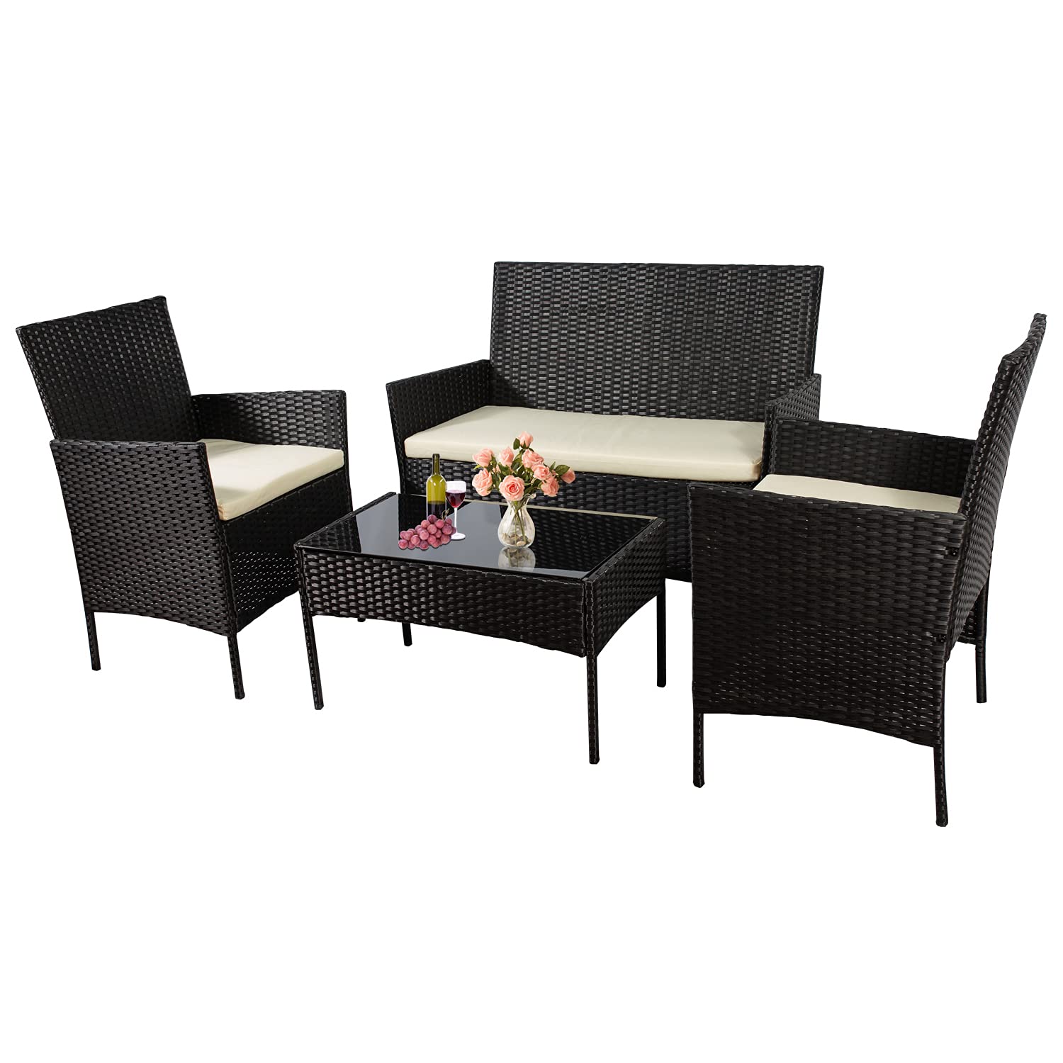 4 Pieces Outdoor Patio Furniture Sets, Wicker Chair Conversation with Cushion, Outdoor Indoor Use with Coffee Table for Backyard Porch Garden Poolside Balcony (Black)