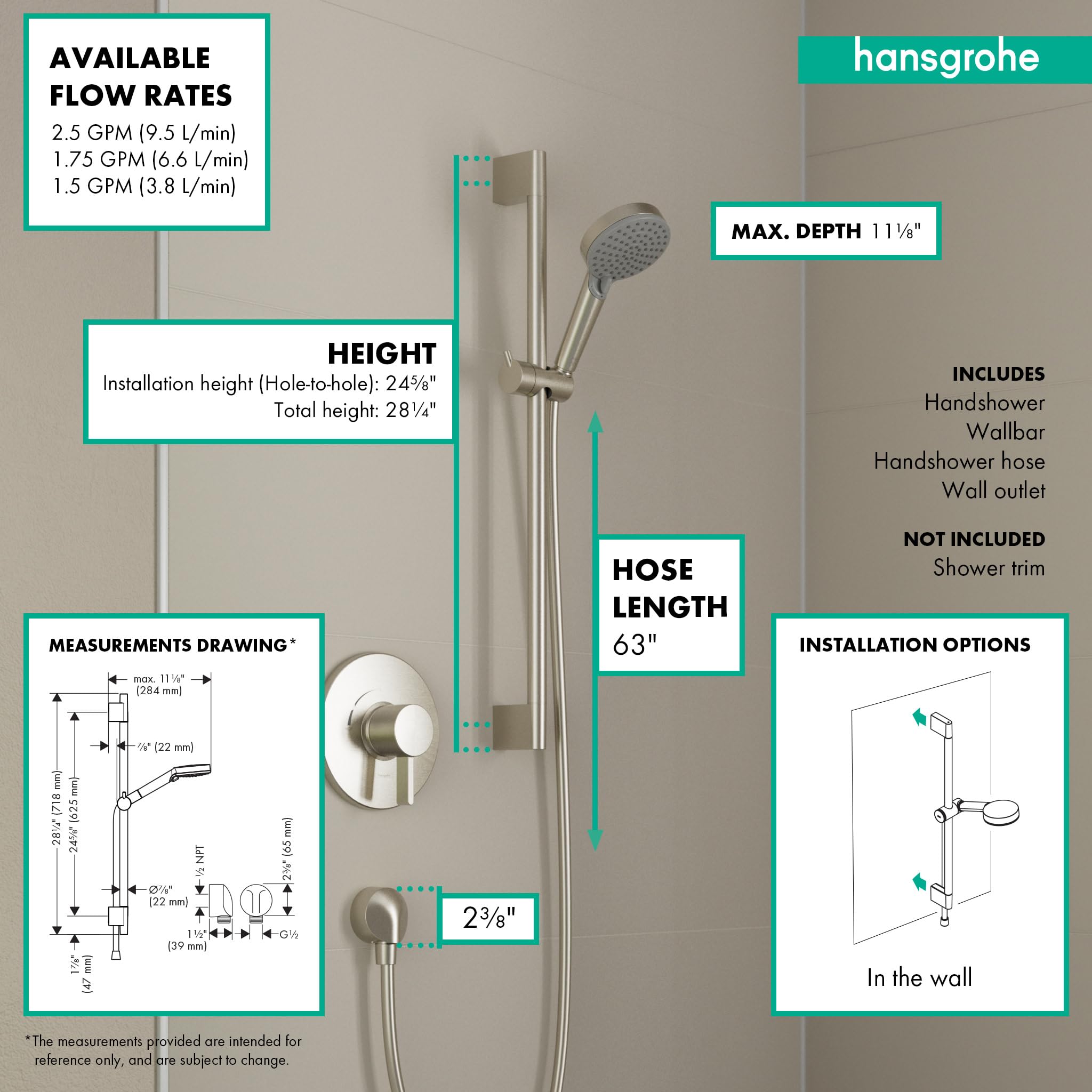 hansgrohe Vernis Blend 11-inch 3-Spray Handshower with Slide Bar and Hose, Rain, IntenseRain, Handheld Shower Head System in Chrome, 04969000, 2.5