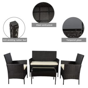 4 Pieces Outdoor Patio Furniture Sets, Wicker Chair Conversation with Cushion, Outdoor Indoor Use with Coffee Table for Backyard Porch Garden Poolside Balcony (Black)