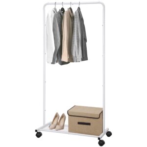 Simple Trending Standard Clothes Garment Rack, Clothing Rolling Rack with Mesh Storage Shelf on Wheels, White