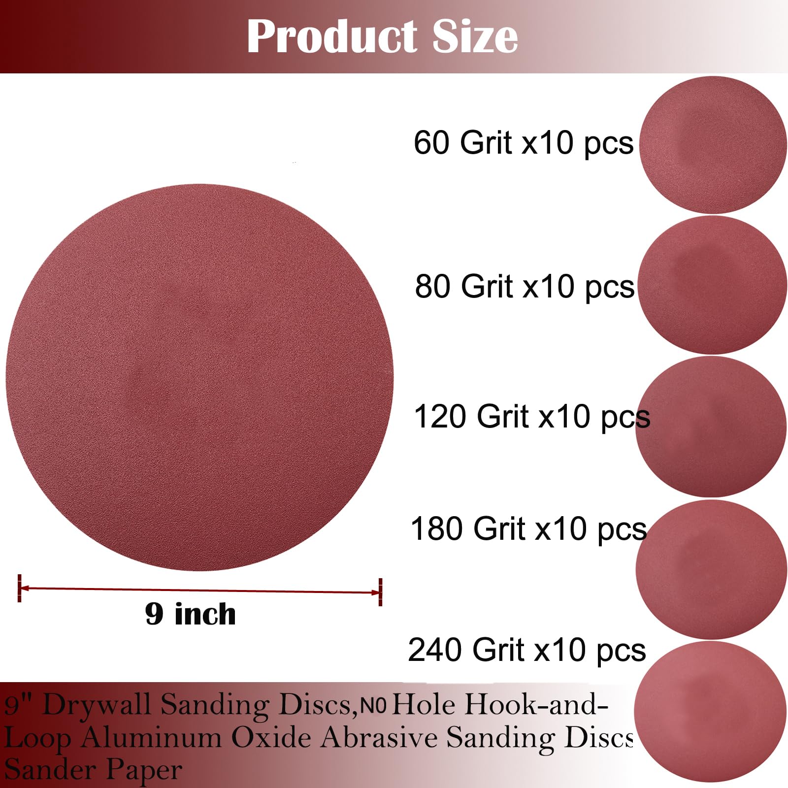 50 PCS 9" Drywall Sanding Discs Set for Hand Radial Sander- 60 80 120 180 240 Grits - 9 Inch Round Hook & Loop Sandpaper Aluminum Oxide Sander Disc for Hand Power Drywall Sander