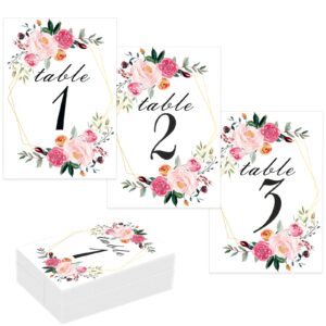 floral table number cards 1-26, geometric floral table cards - double sided 4 x 6 card stock, table numbers cards for wedding decorations, receptions, party, baby showers, special event