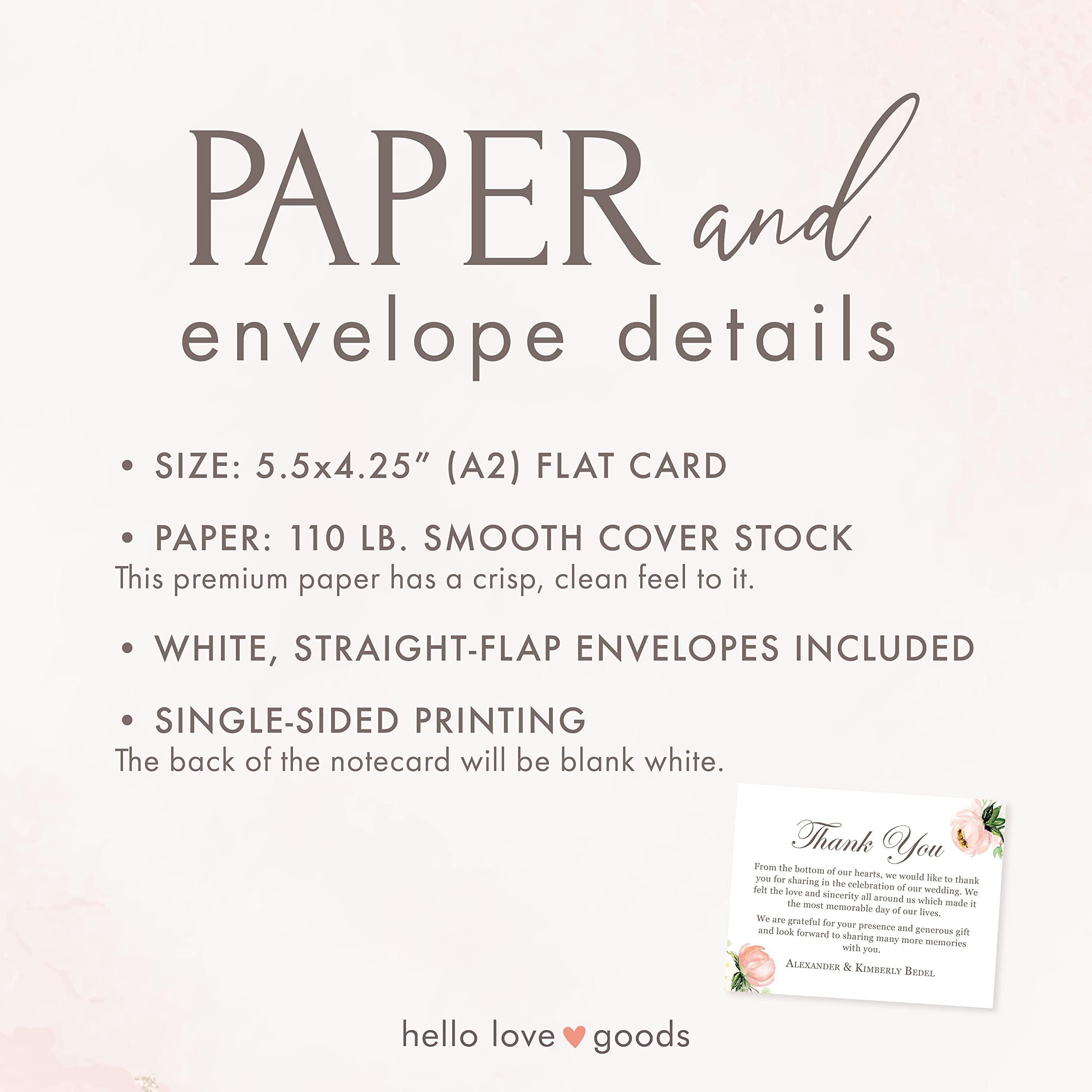 Hello Love Goods Personalized Wedding Thank You Cards with Message, Flat Thank You Note Cards with Pink Floral